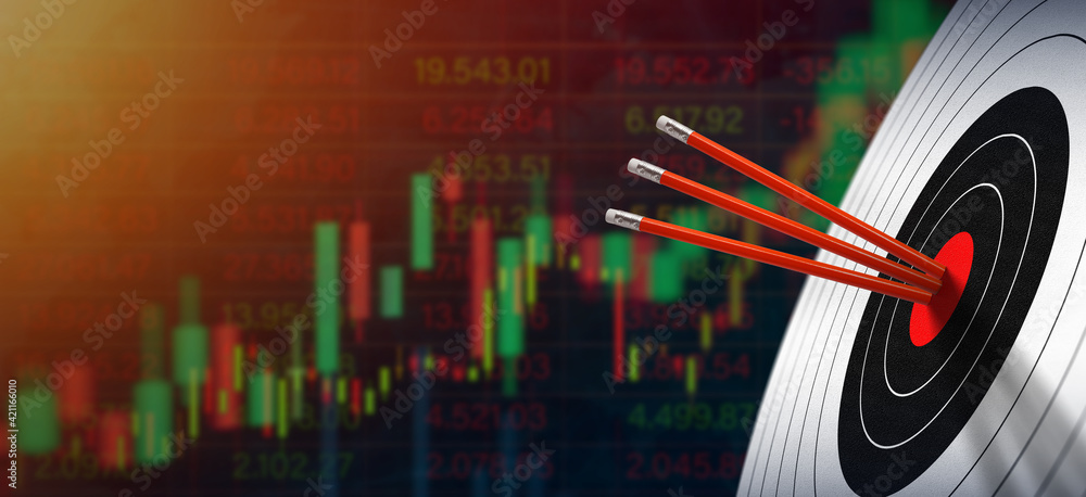 Target board with red pencil on stock market chart background. concept ...