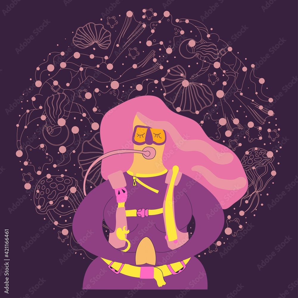 Girls in diving. Vector illustration. Scuba diving. Underwater ...