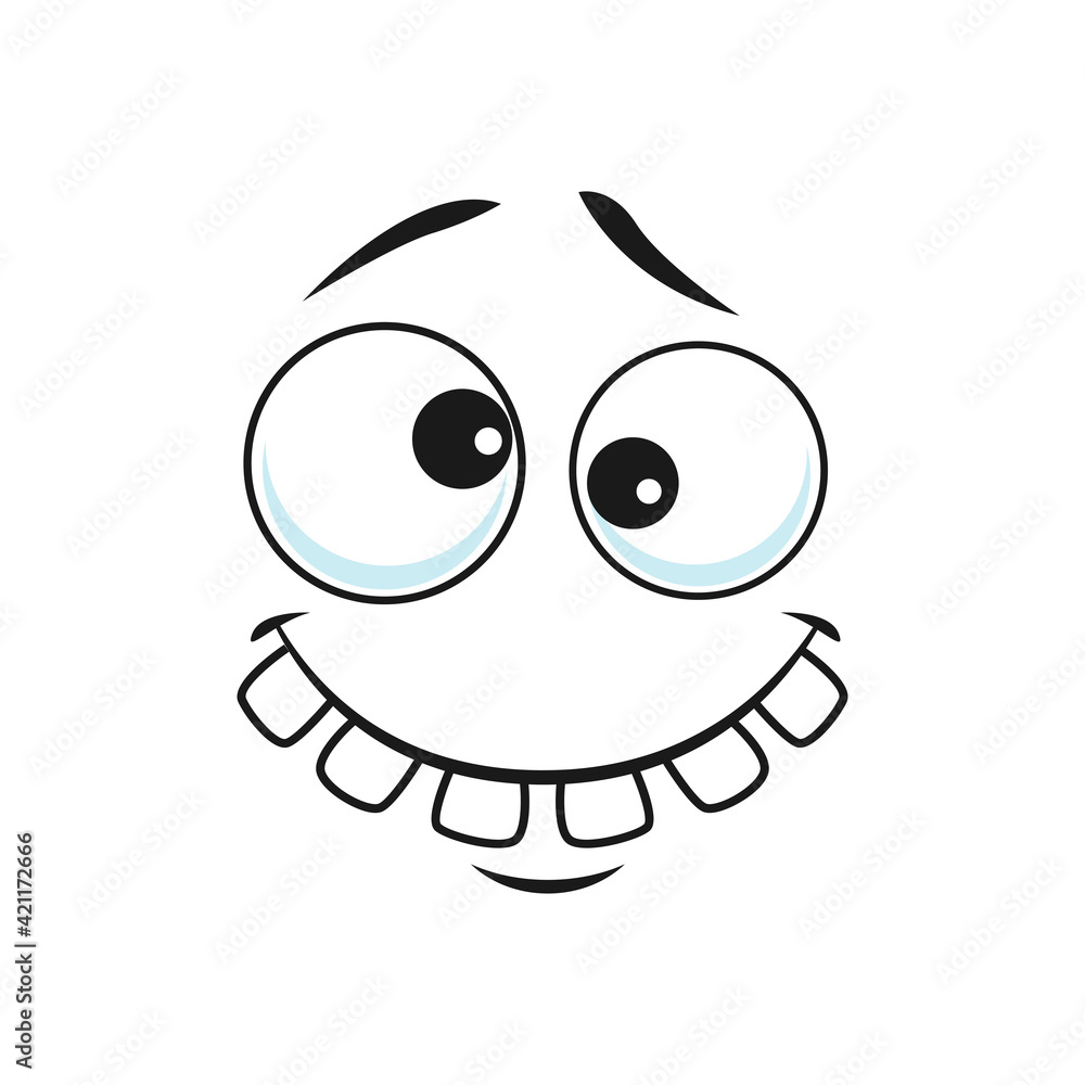 Cartoon face vector icon, funny toothy emoji with crazy smile, slanting ...