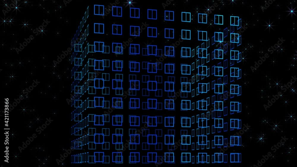 Multi-storey building. Pixel-shimmery outlines. Animation of a blue ...