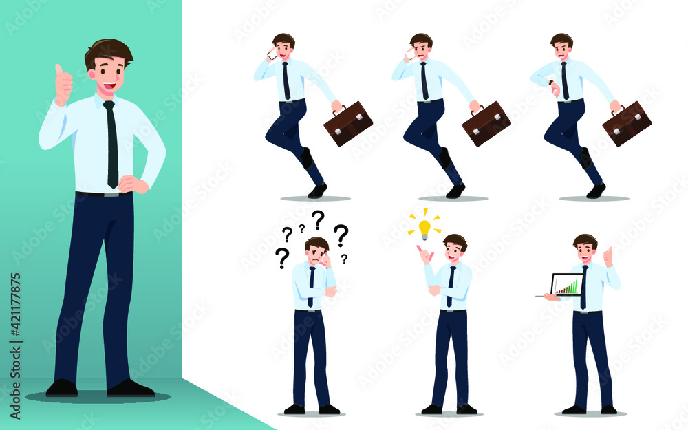 Flat design concept of Businessman with different poses, working and ...