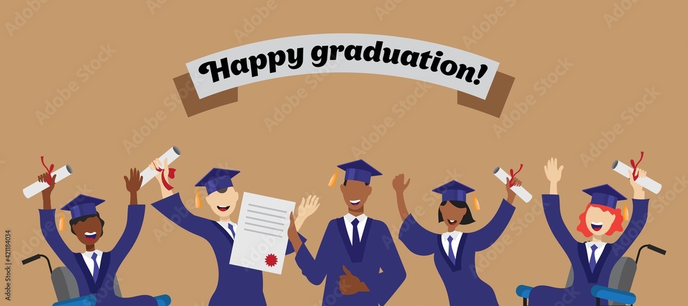 Happy graduation banner. Flat style illustration. Stock Vector | Adobe ...