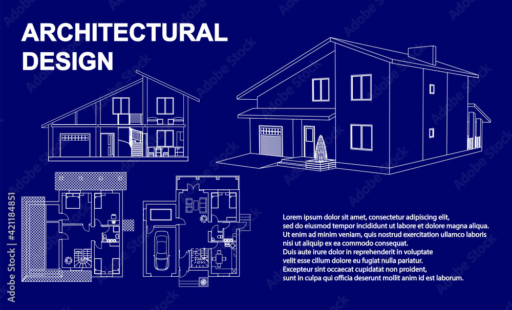 Perspective 3D, floor plan and cross section suburban house. Drawing of ...