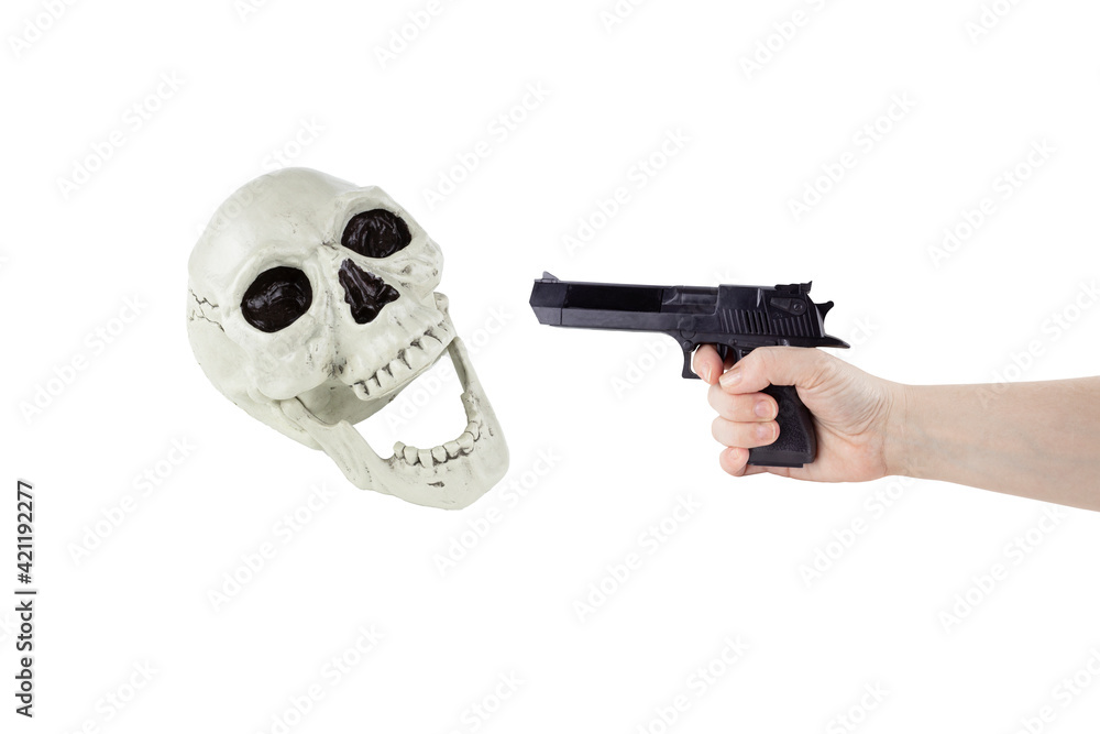 Human skull with wide open mouth and fair-skinned female hand holding ...