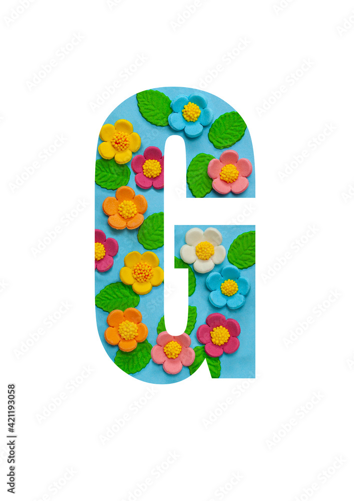 The letters G of the English alphabet is cut out of flowers on a blue ...