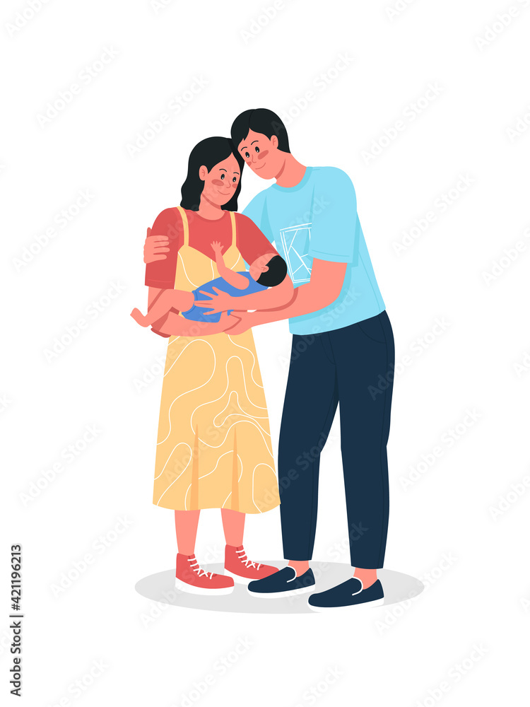 Happy couple with newborn baby flat color vector detailed characters ...