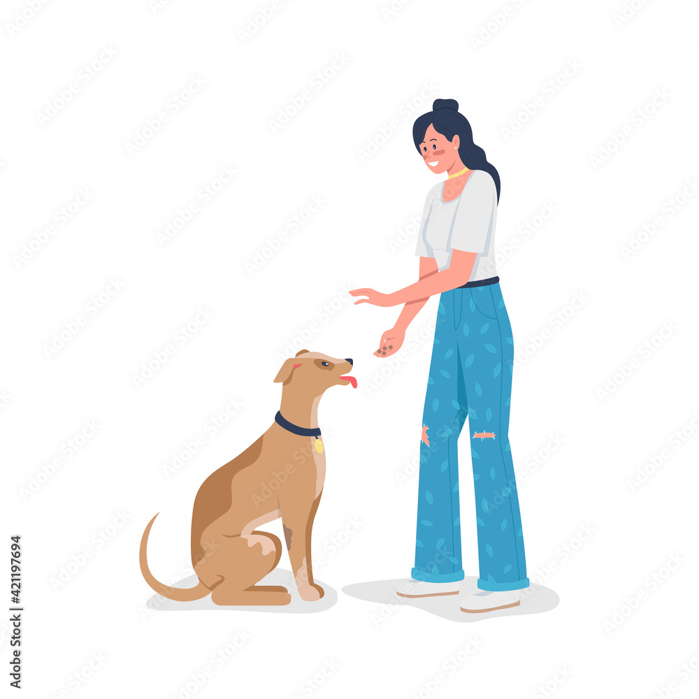 Woman teaching dog to sit flat color vector detailed character. Happy ...