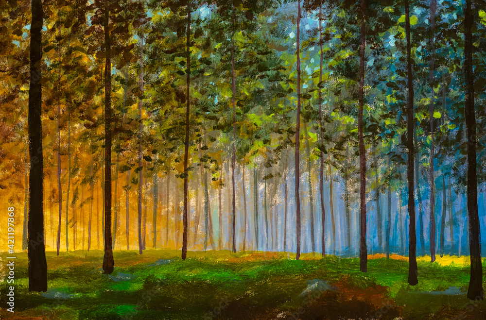 Original oil painting Sun in forest. Illustranion Green spring trees in ...