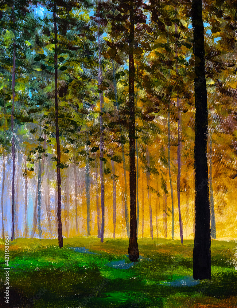 Vertical oil painting spring sunny summer trees in forest park ...