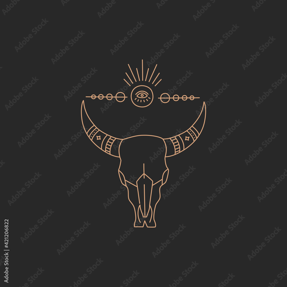 Magic bull skull, geometric shape gold simple contour line in boho ...
