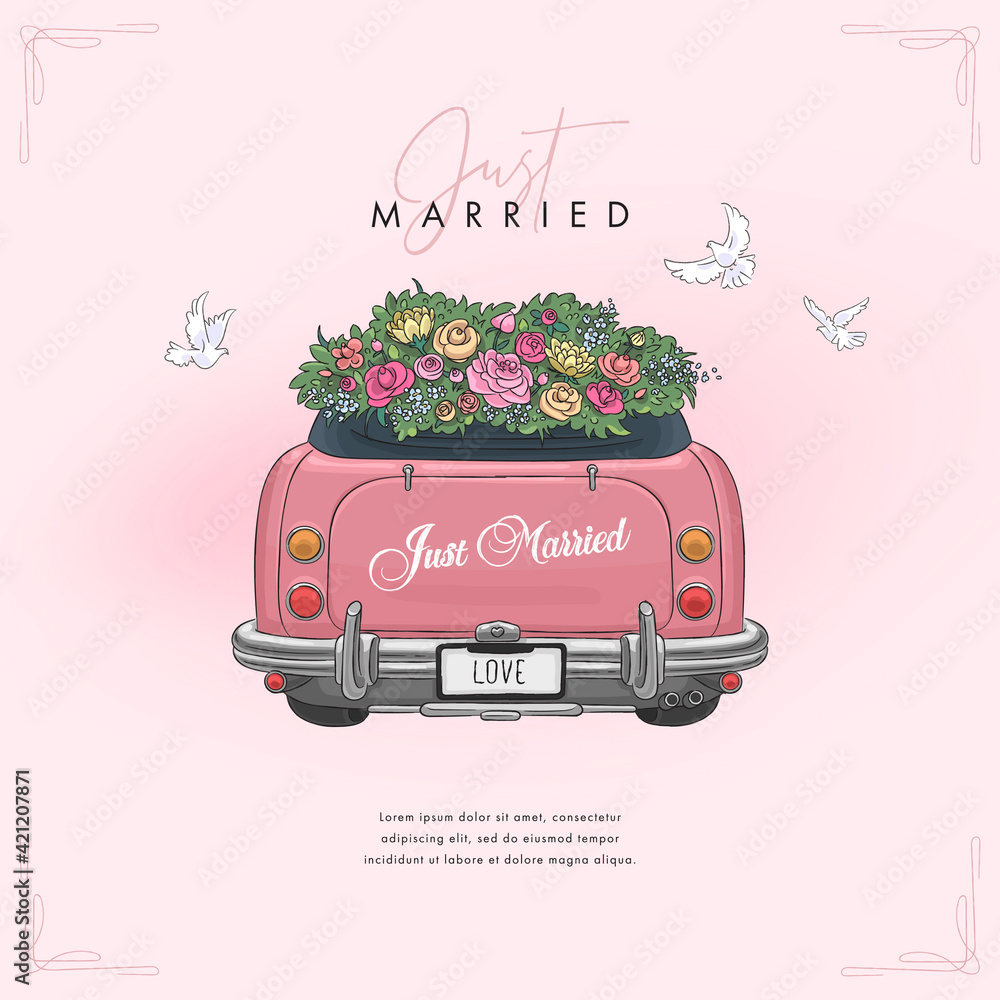 Hand drawn wedding car. Colorful wedding background for invitations ...