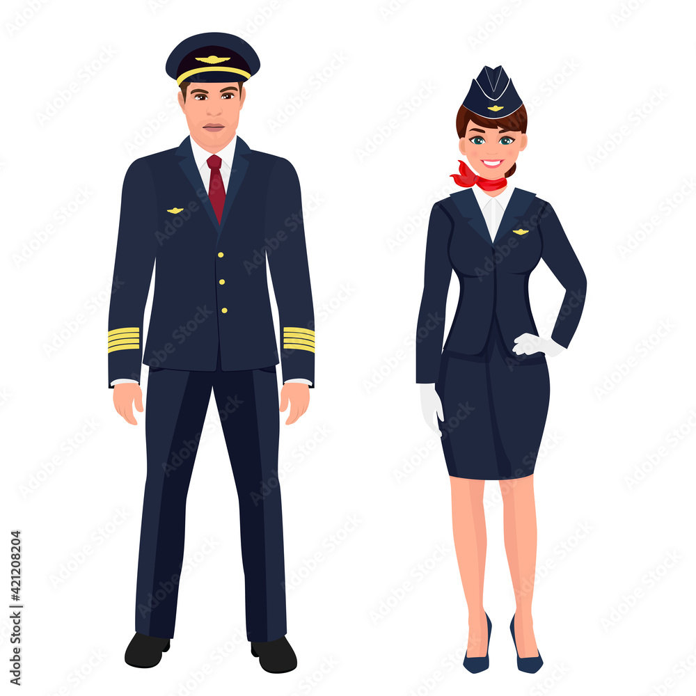 Airline crew, stewardess and pilot. Officer and flight attendant ...