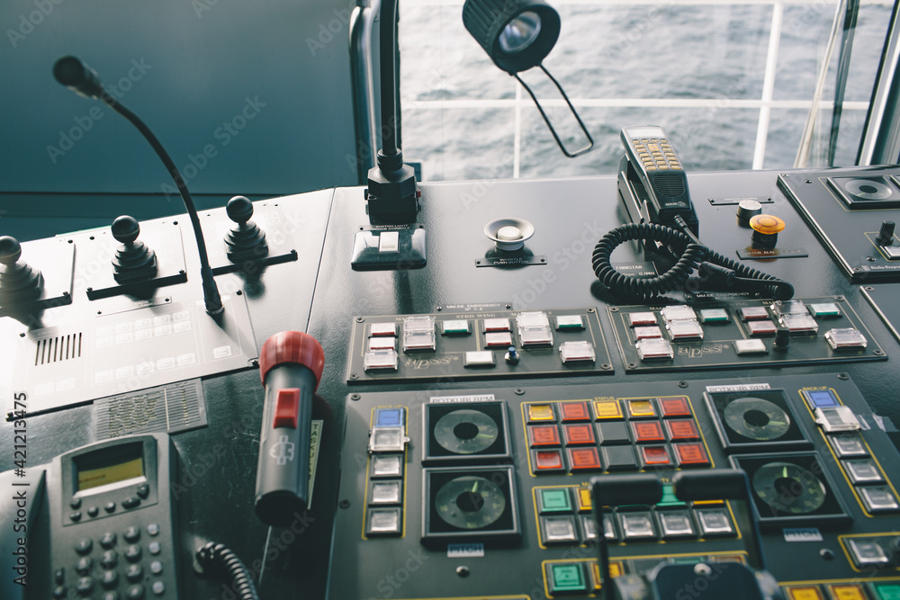 Control room of vessel and operated by captain and crews boat with have ...