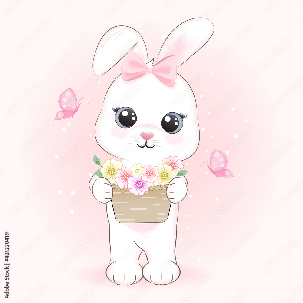 Cute Bunny and flowers in basket cartoon hand drawn illustration Stock ...