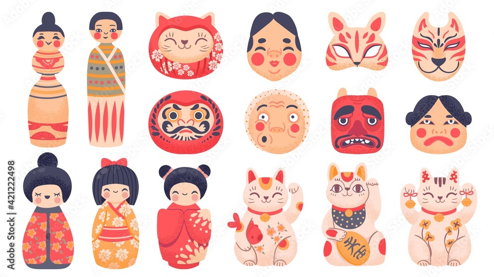 Japanese traditional toys. Daruma, kokeshi dolls, maneki neko lucky cat ...