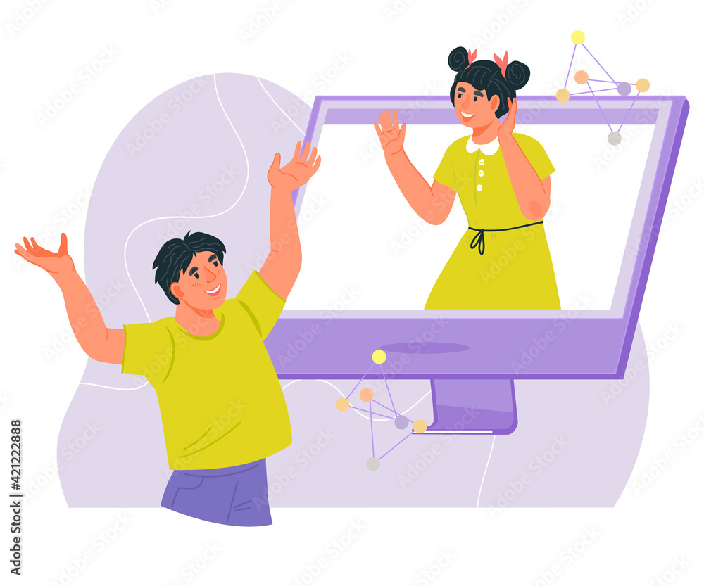 Kids school video chat and video conference banner with cute talking ...