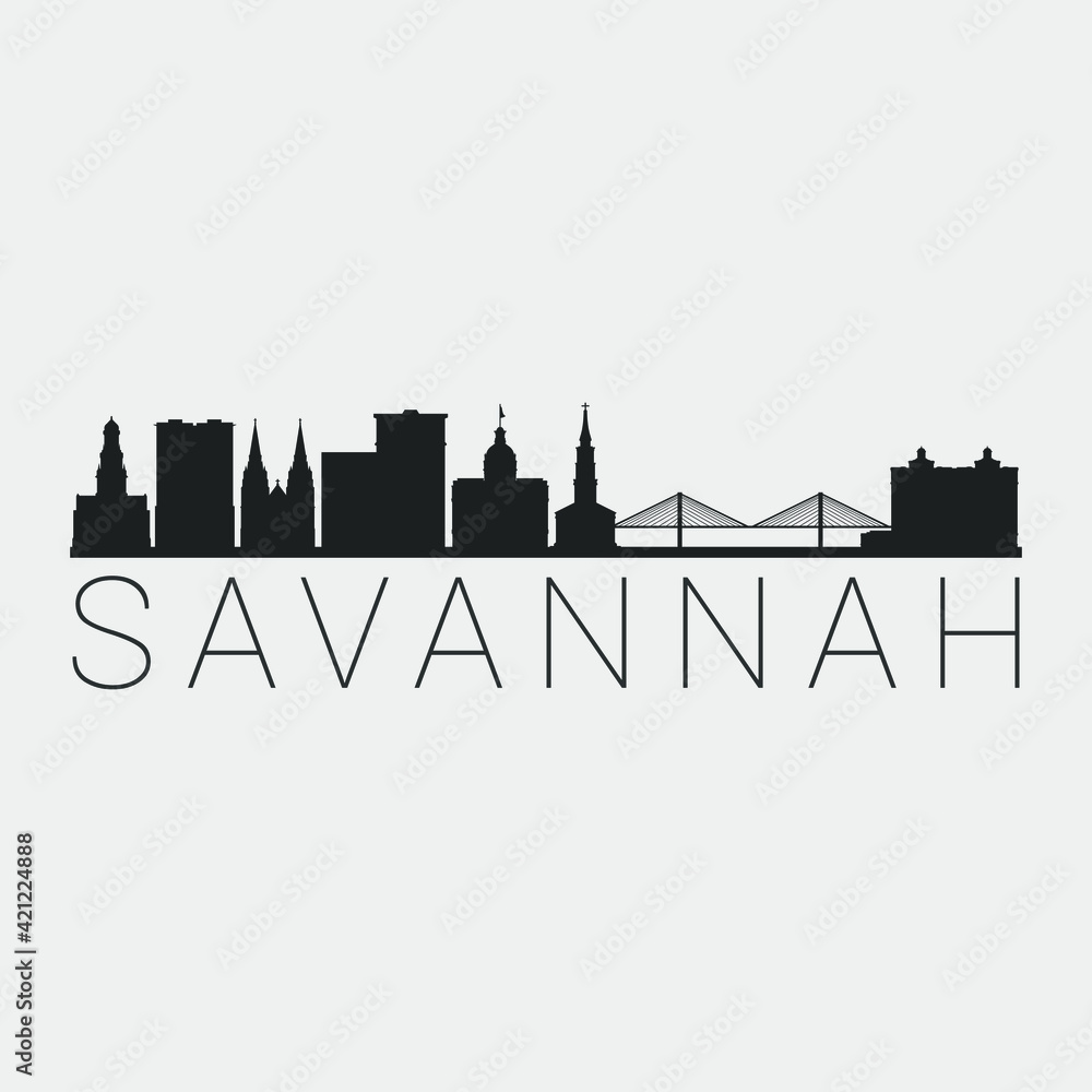 Savannah, GA, USA Skyline Silhouette City. Design Vector. Famous ...