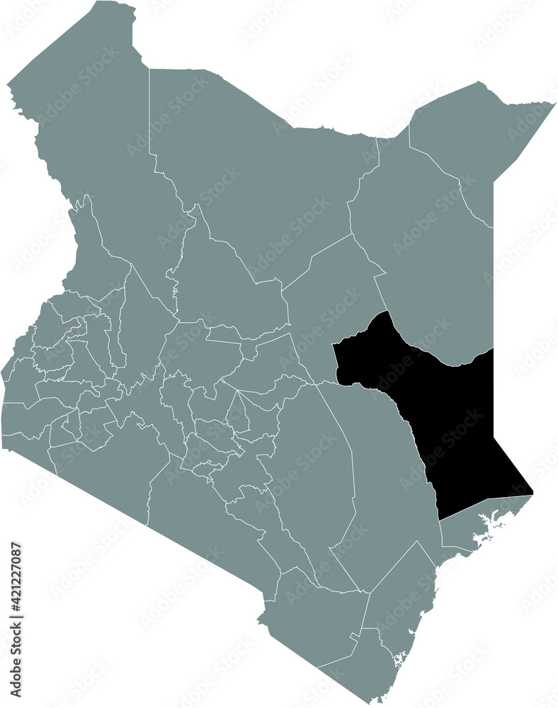 Black highlighted location map of the Kenyan Garissa county inside gray map of the Republic of ...
