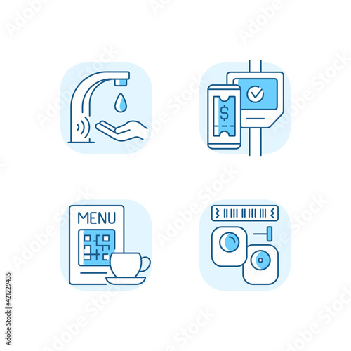 Contactless technology blue RGB color icons set. Touchless soap ...