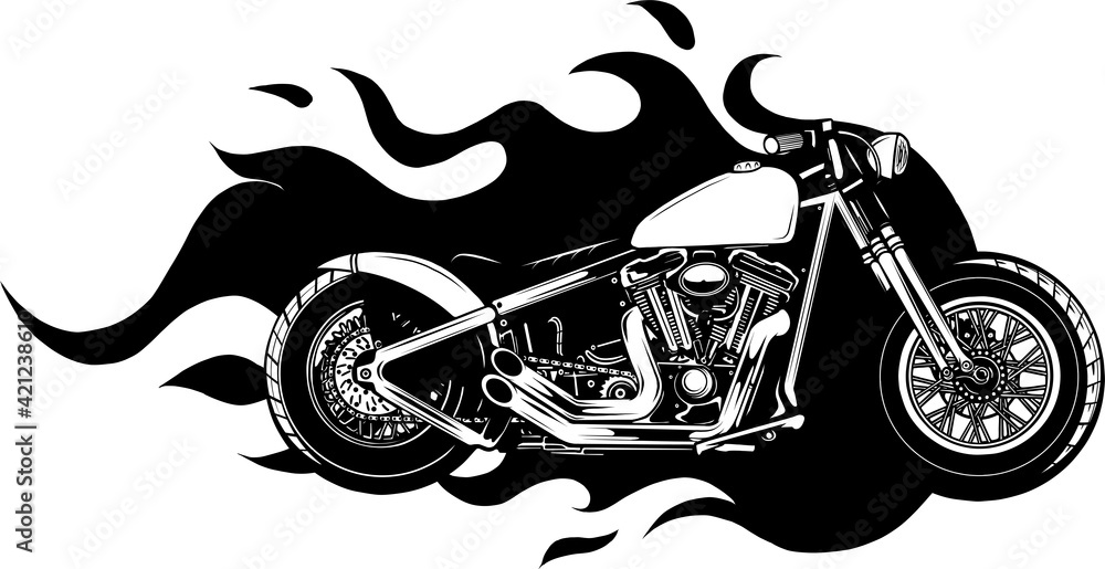 draw in black and white of burning motorcycle on fire exploding sparks ...