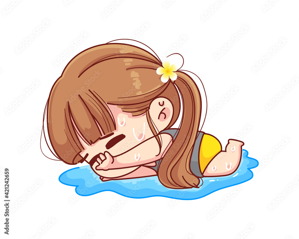 The girl was sleeping exhausted, sweating over her body. cartoon ...