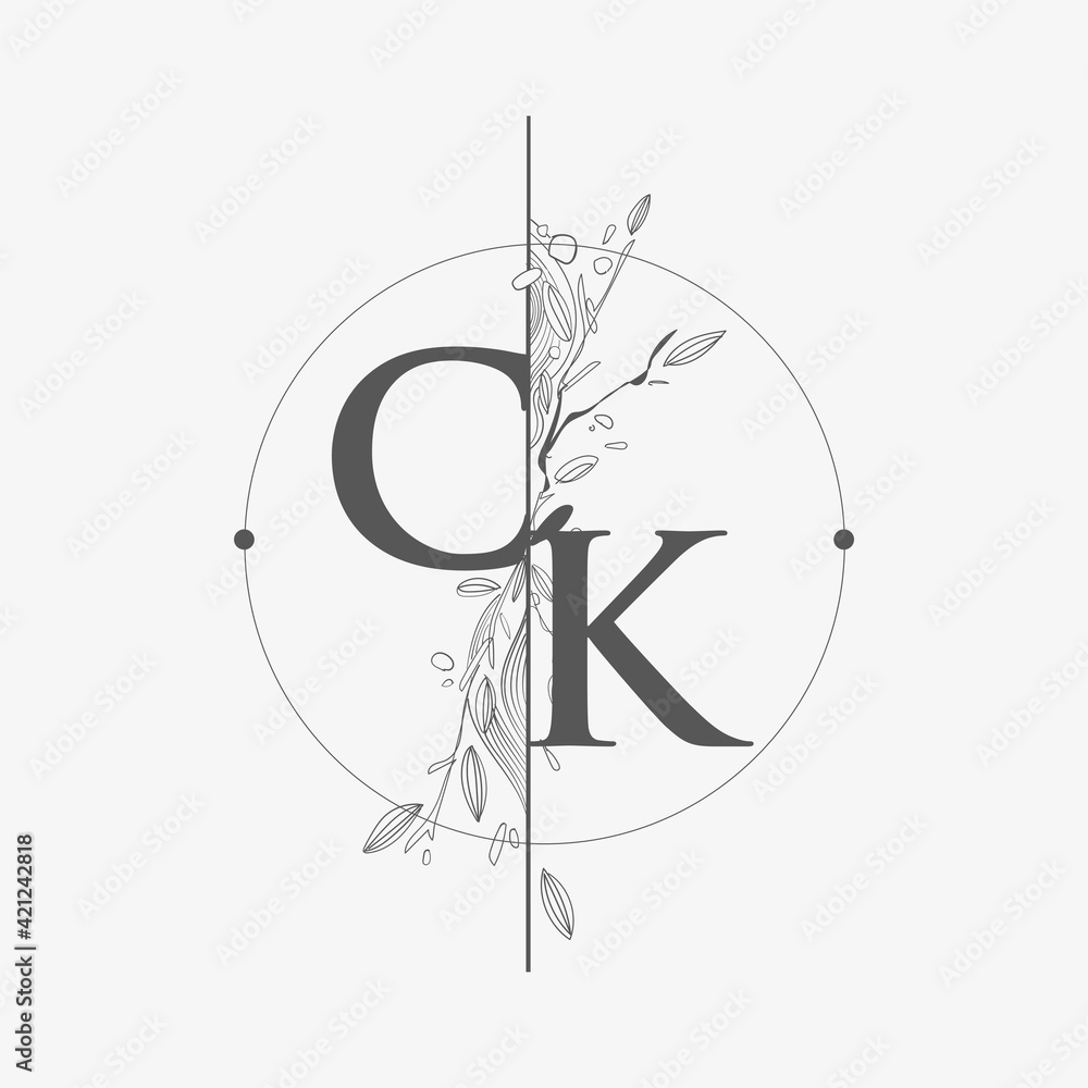 Letter CK Initial Logo with Hand Draw Floral, Initial Wedding Font Logo ...