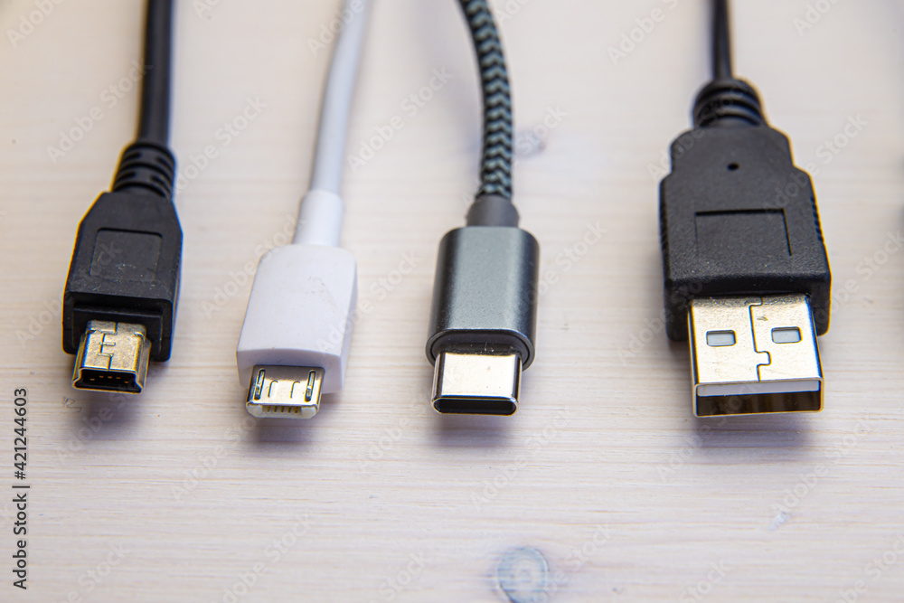 Various types of plugs and cables for audio, video, computer ...