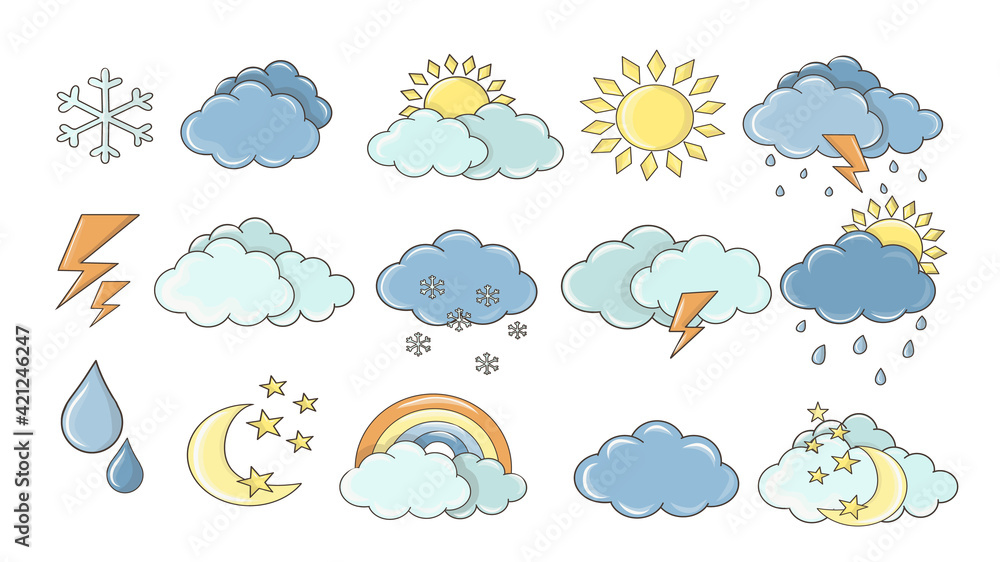 Weather set. White clouds, dew on leaves, fog sign, day and night for ...