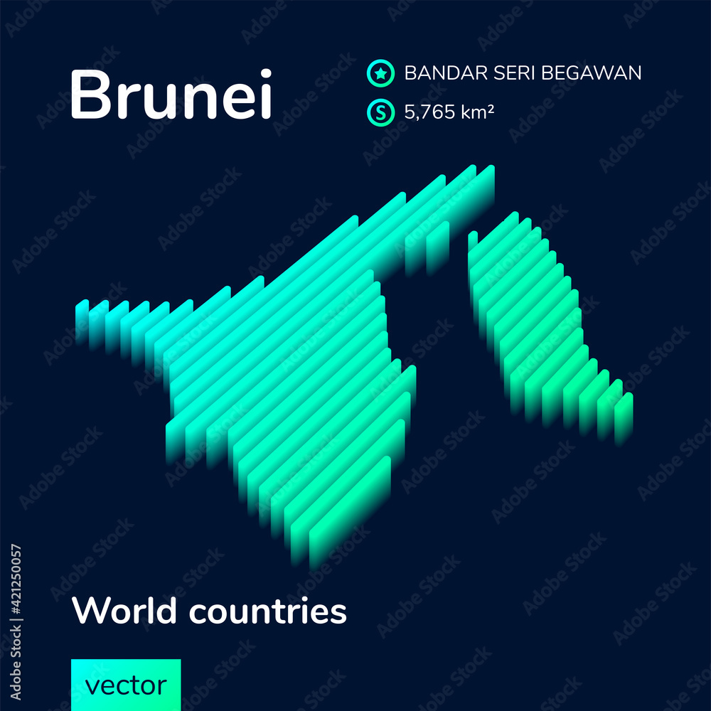 Stylized Striped Isometric Neon Vector Brunei Map With 3d Effect Map
