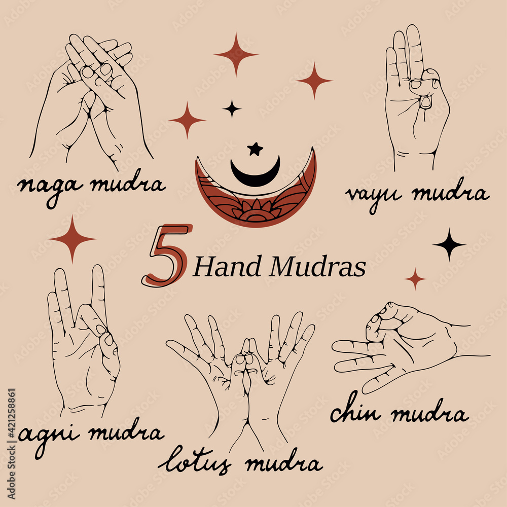 Hand mudras set. Colorful hand yoga collection. Stock Vector | Adobe Stock
