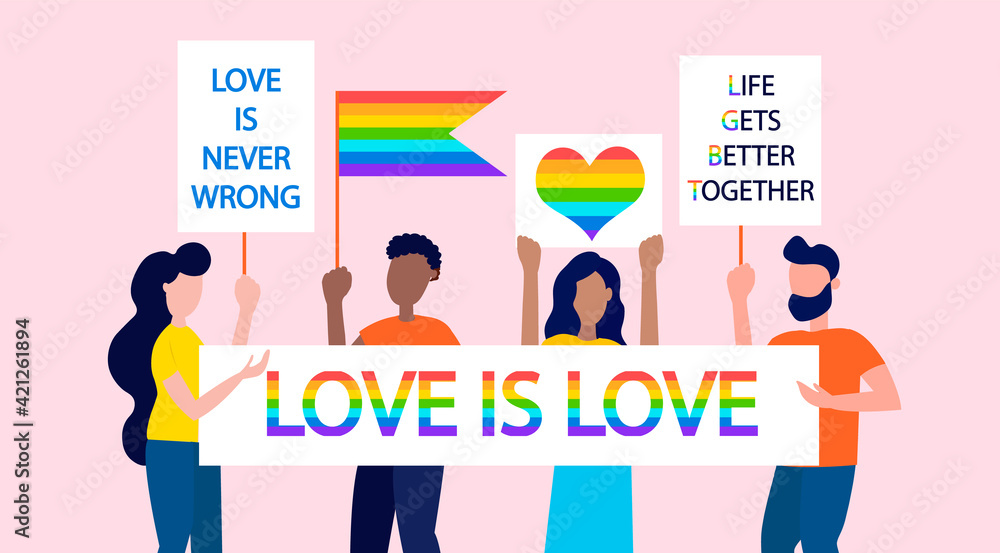 People hold signboards, banners and posters with rainbow lgbt flag ...