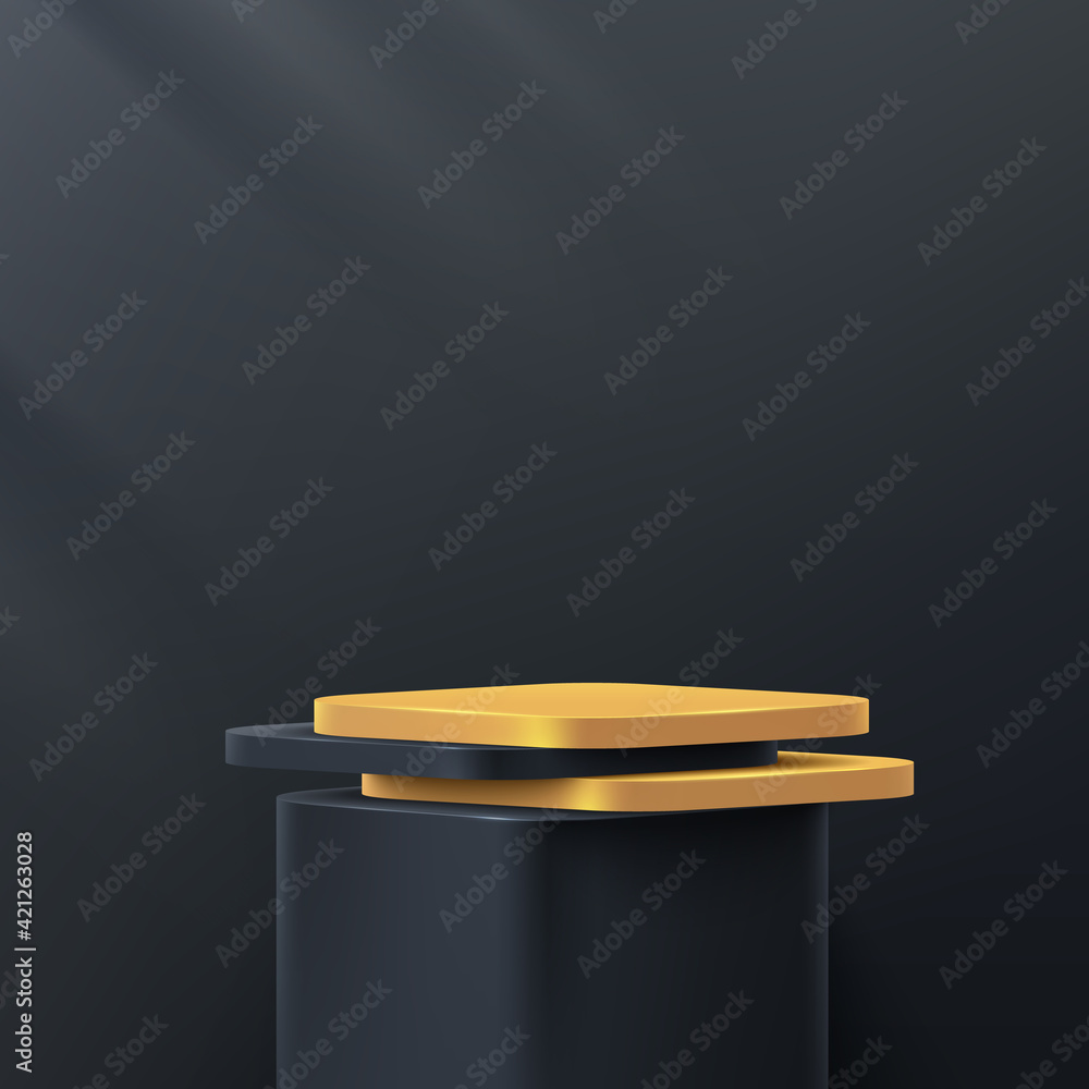 Luxury black and gold round corner cube pedestal podium in balck empty ...