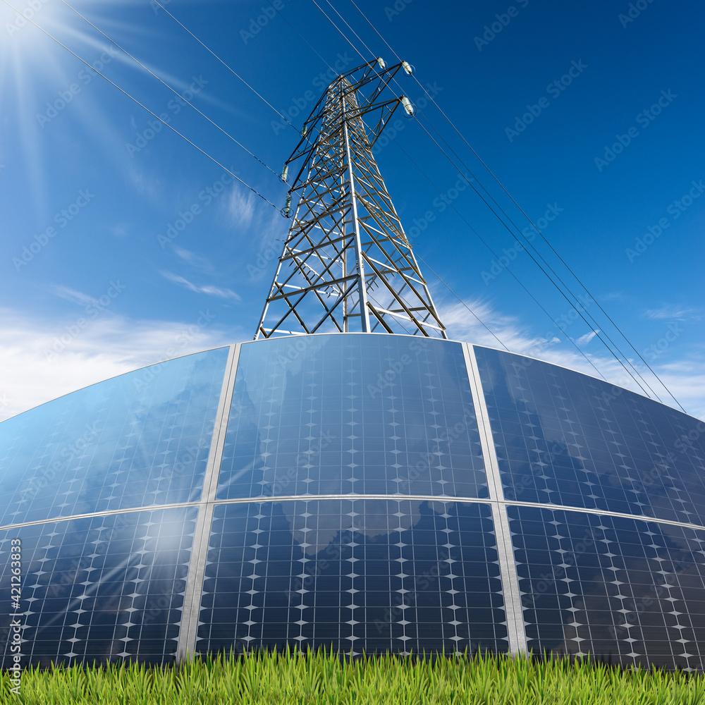 Closeup of a group of solar panels against a clear blue sky with clouds ...