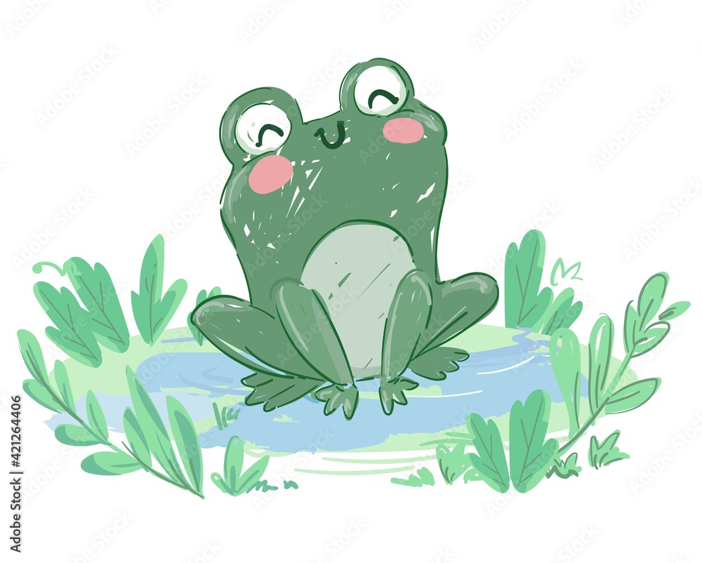 Hand drawn cute frog sitting in a swamp vector kawaii illustration for ...