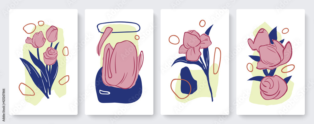 Abstract minimal flowers and leaves vector illustration set. Minimalist ...