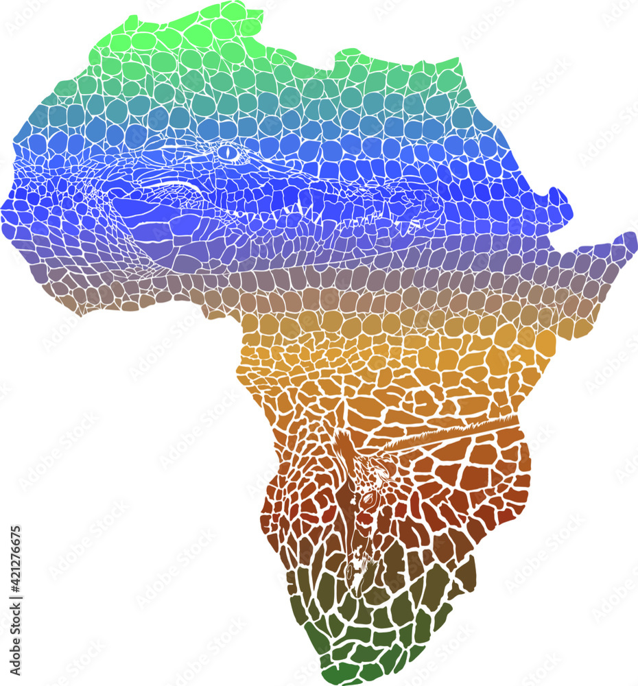 Color map of Africa continent with crocodile and giraffe background ...