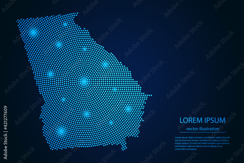 Abstract image Georgia map from point blue and glowing stars on a dark ...