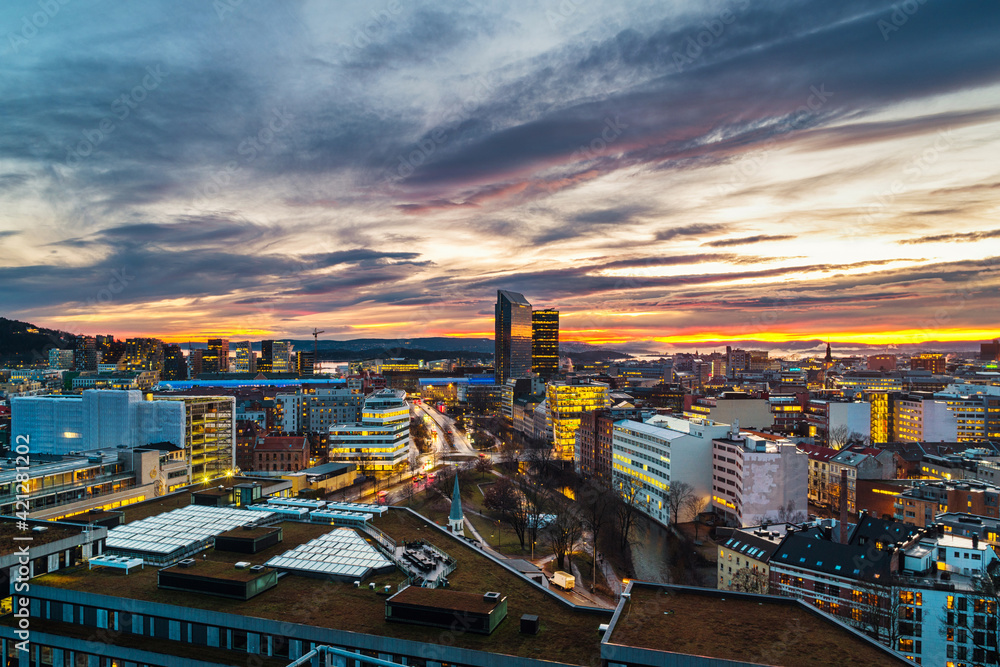 A night view of Sentrum area of Oslo, Norway, with modern and ...