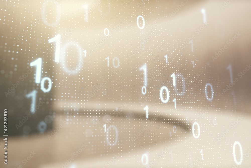 Abstract virtual binary code hologram on abstract empty interior ...