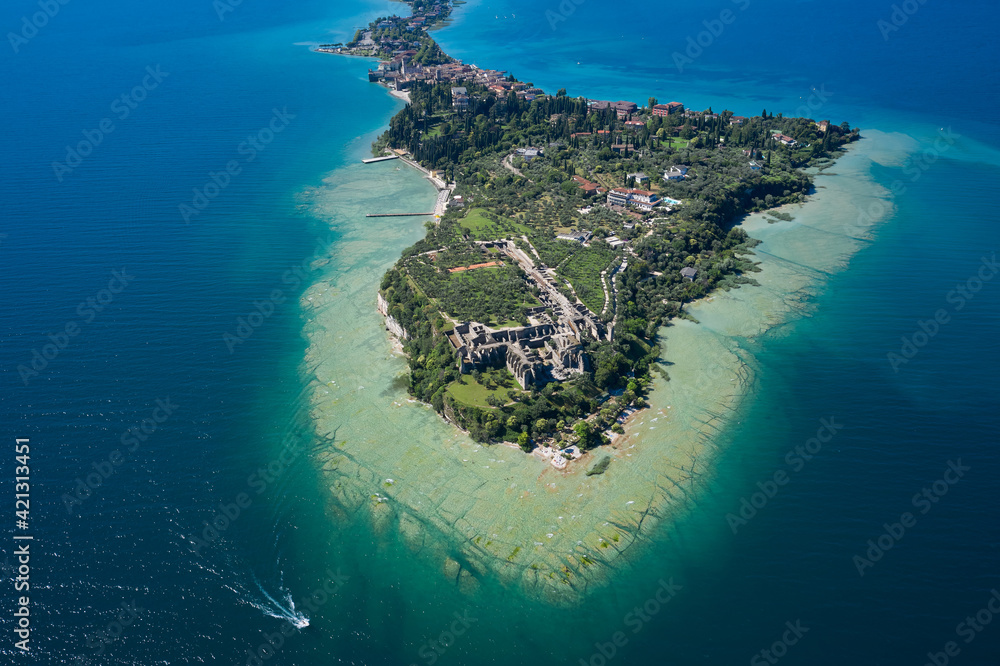 Morning photography with drone. Ruins of Catullus Caves, roman villa in ...
