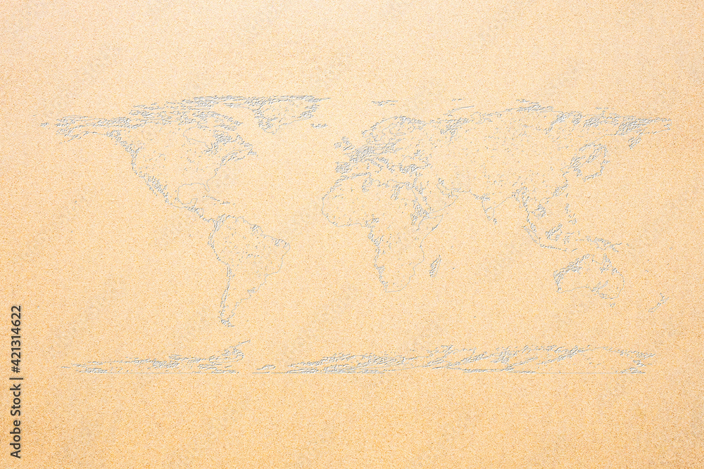 World map on sand texture surface use for background. (Outline elements ...
