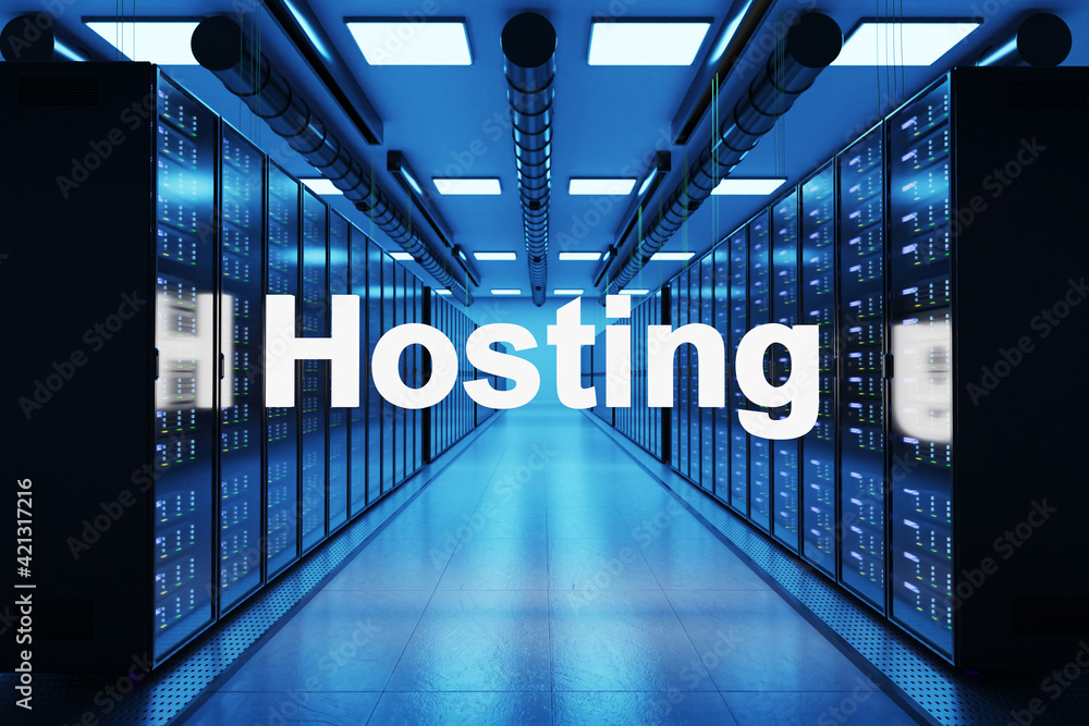 hosting logo in large modern data center with multiple rows of network ...