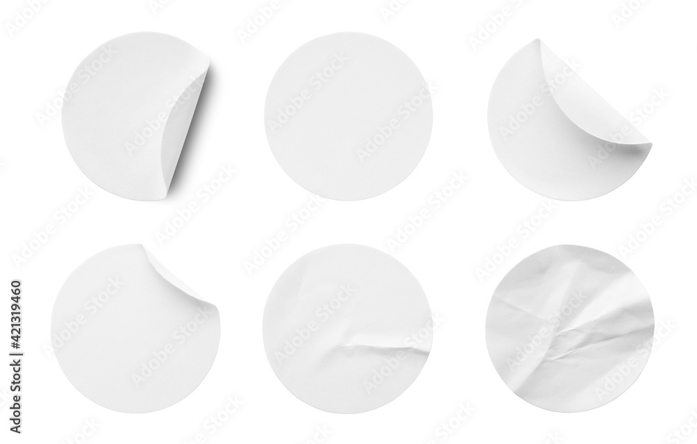 Blank white round paper sticker label set collection isolated on white ...