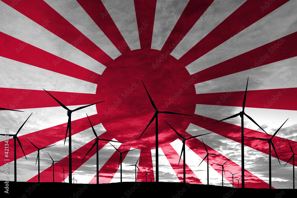 Rising Sun flag wind farm at sunset, sustainable development, renewable ...