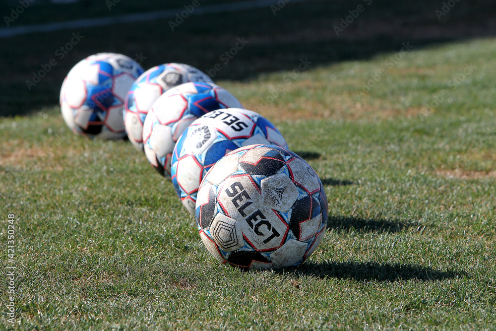 ODESSA, Ukraine - CIRCA 2020: Official soccer ball on a green soccer ...
