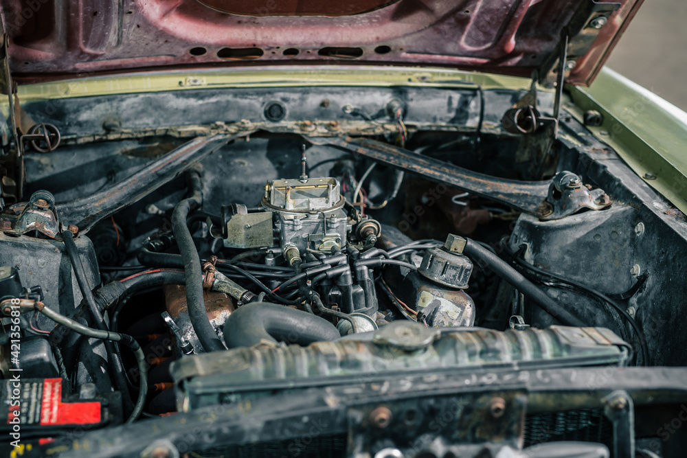 Vintage V8 american muscle car engine bay, worn but still good. Focus ...