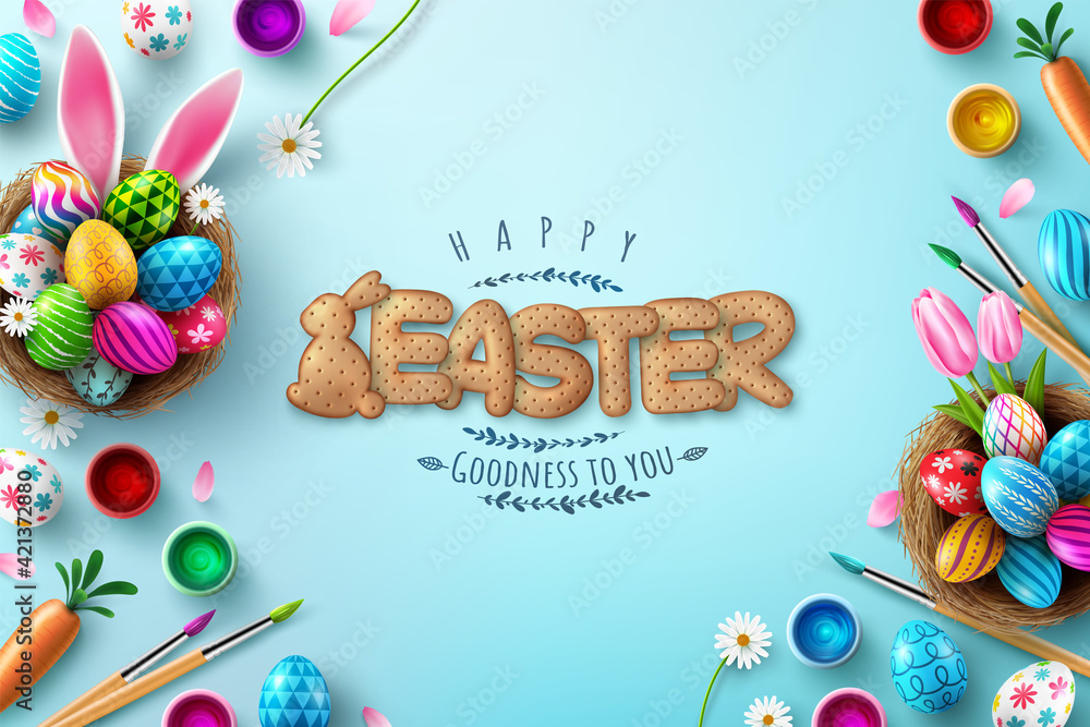 Easter Poster And Flyer Template with Easter eggs in the nest and Font ...
