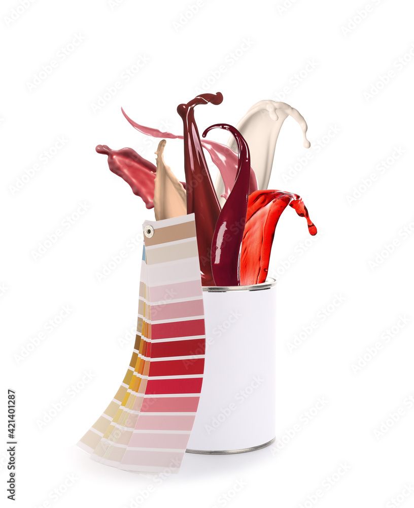Color swatches and can with paint splashes on white background Stock ...