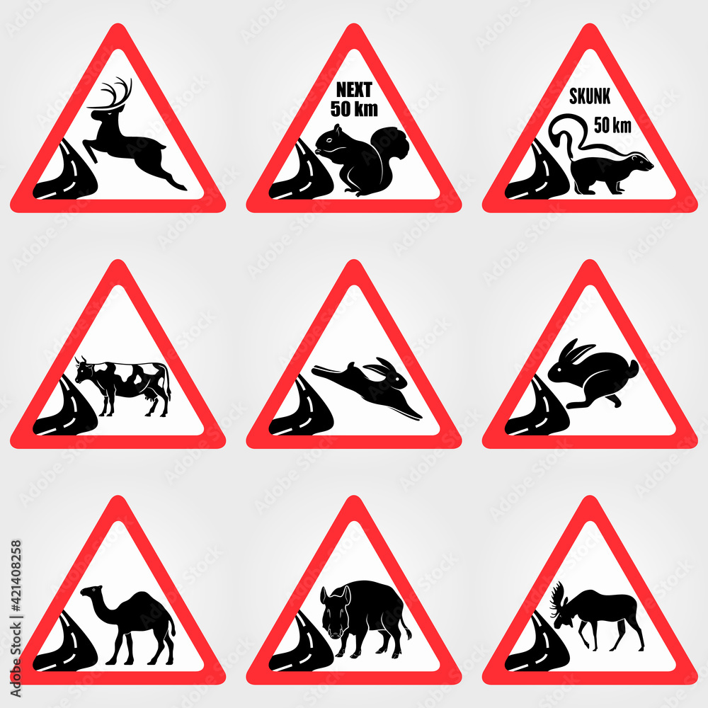 Set of Road signs - Attention Animal, Hare, Deer, Moose, Camel ...