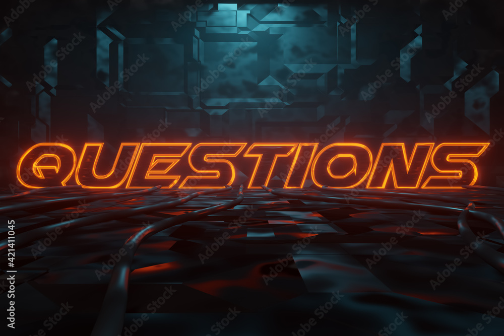3D rendering of Cyberpunk word questions illuminated in orange in metal ...